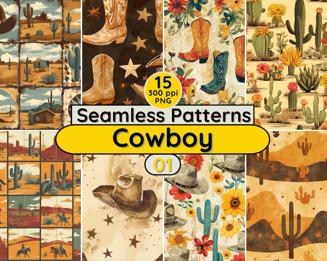 Cowboy Wild West Seamless Patterns: Boots, Hat, Cactus (PNG Digital ...