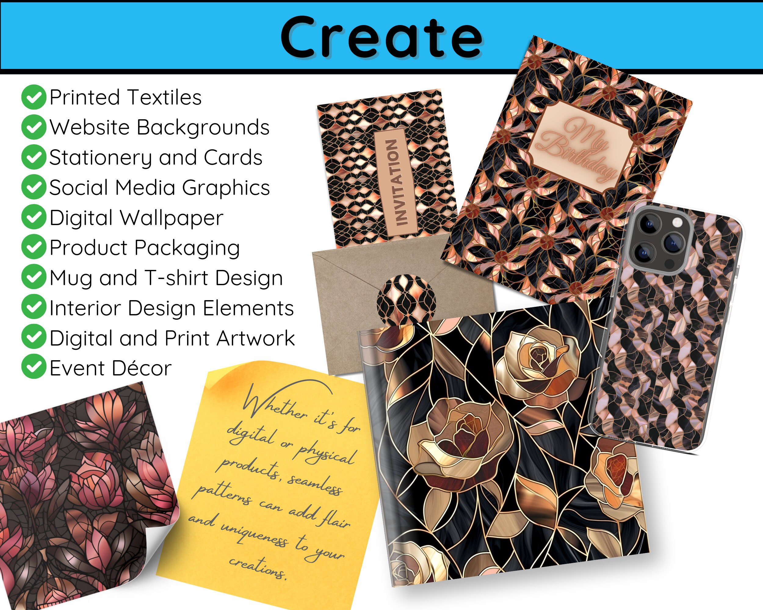 Seamless PNG Digital Patterns Stained Glass Rose Gold and Black ...