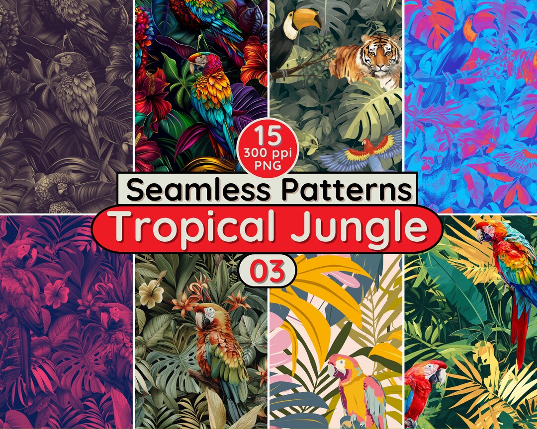 Tropical Jungle Seamless Patterns: Parrot, Palm, Foliage (PNG Digital ...