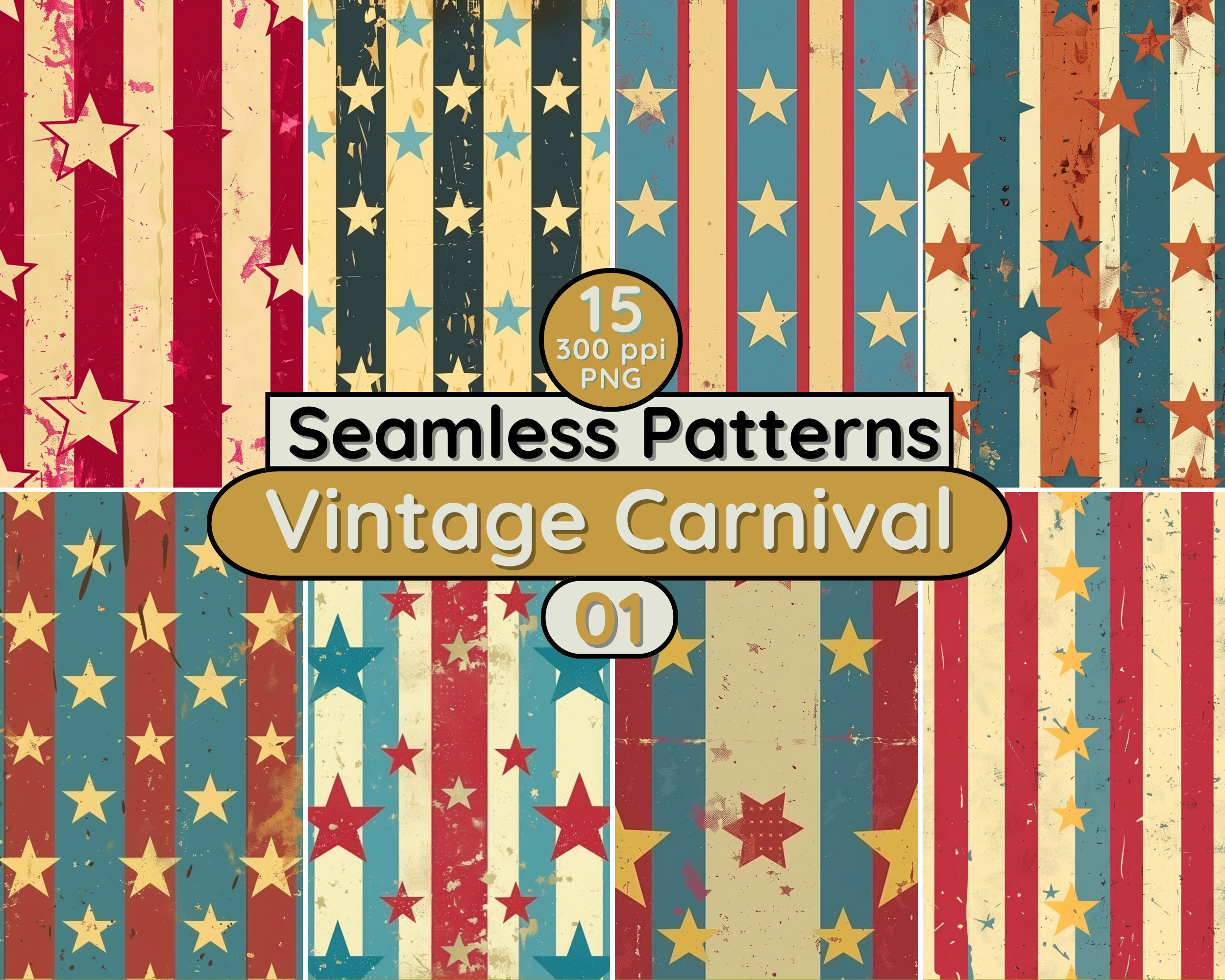 Vintage Carnival Circus Seamless Patterns Stars and Stripes PNG ...