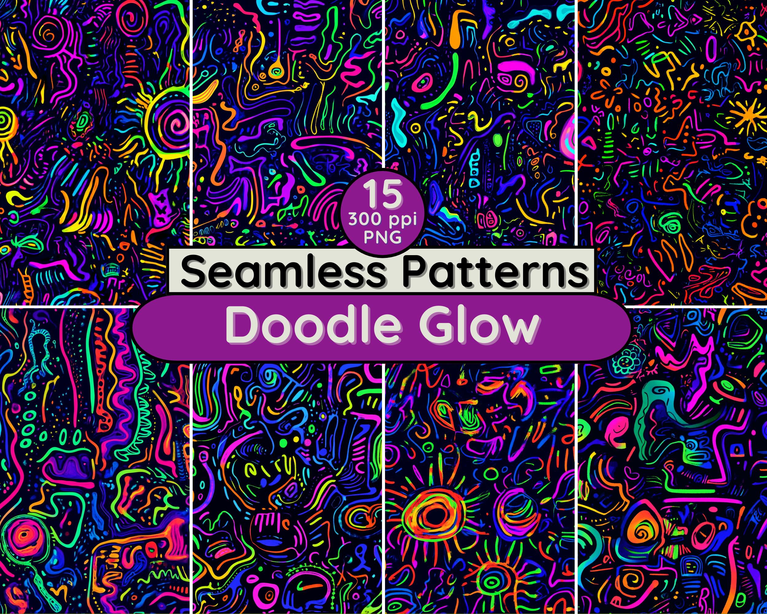Doodle Glow Seamless Patterns: Psychedelic Neon Backgrounds (digital ...
