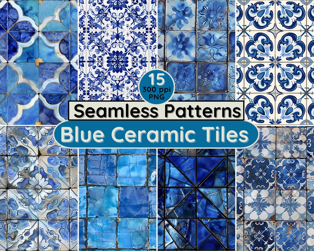 Blue Ceramic Tile Patterns: Mediterranean Azulejo Designs (PNG Digital ...