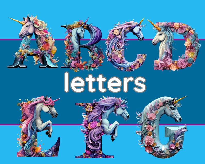 Unicorn Alphabet Clipart: A-Z Letters & 0-9 Numbers (PNG Digital ...