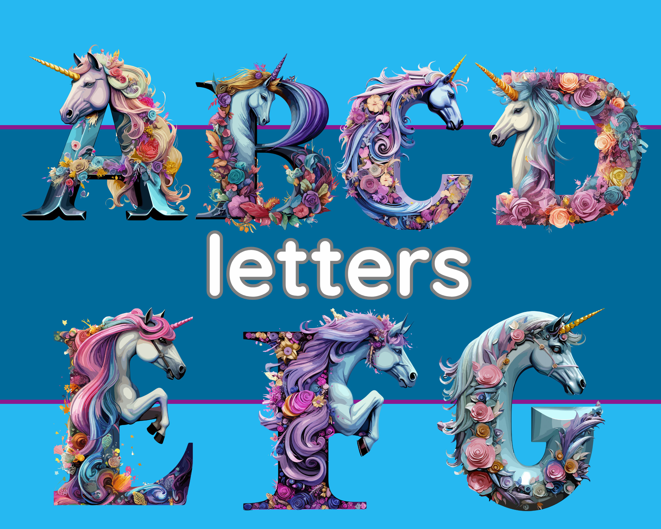 UNICORN Alphabet A to Z Clipart Uppercase Letters and Numbers 0 to 9 ...