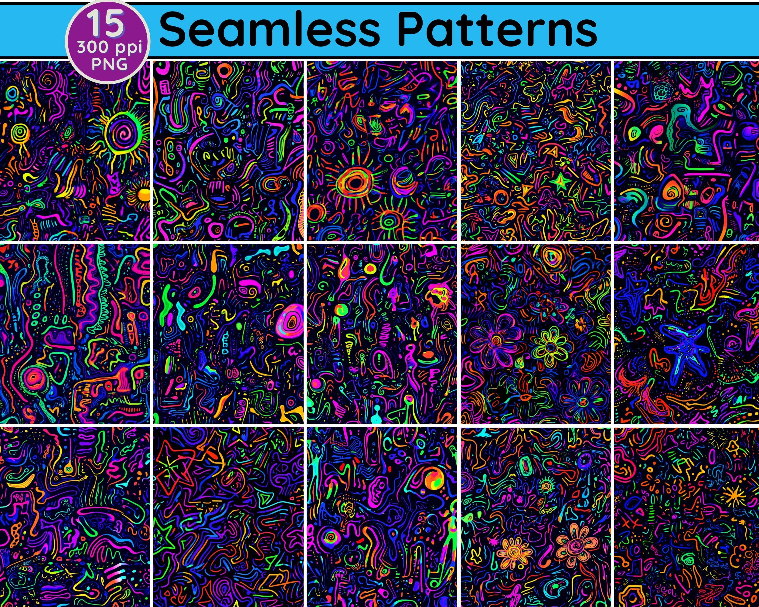 Doodle Glow Seamless Patterns: Psychedelic Neon Backgrounds (digital ...