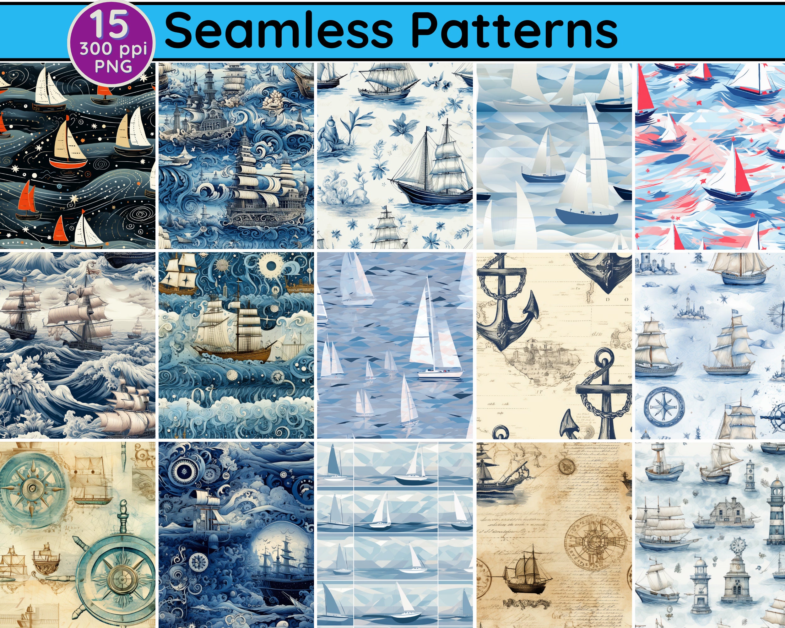 Seamless PNG Digital Patterns Ocean Odyssey Vintage Nautical Sea ...