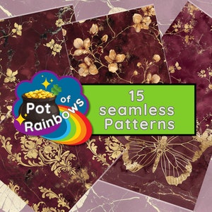 Seamless Patterns Burgundy and Gold Digital Paper PNG Printable Instant ...