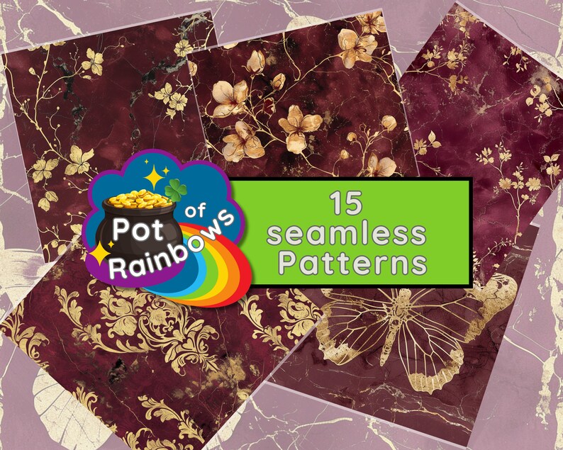 Seamless Patterns Burgundy and Gold Digital Paper PNG Printable Instant ...