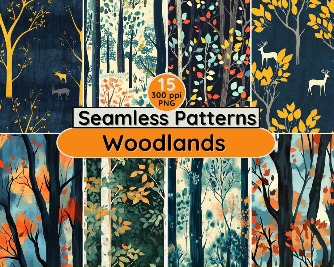 Woodland Seamless Patterns Autumn Forest Rustic Nature Birch Deer ...
