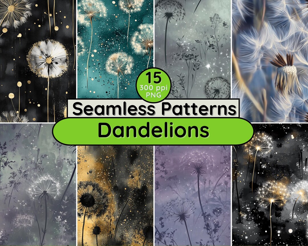 Dandelion Seamless Patterns: Ethereal Floral Backgrounds (PNG Digital ...
