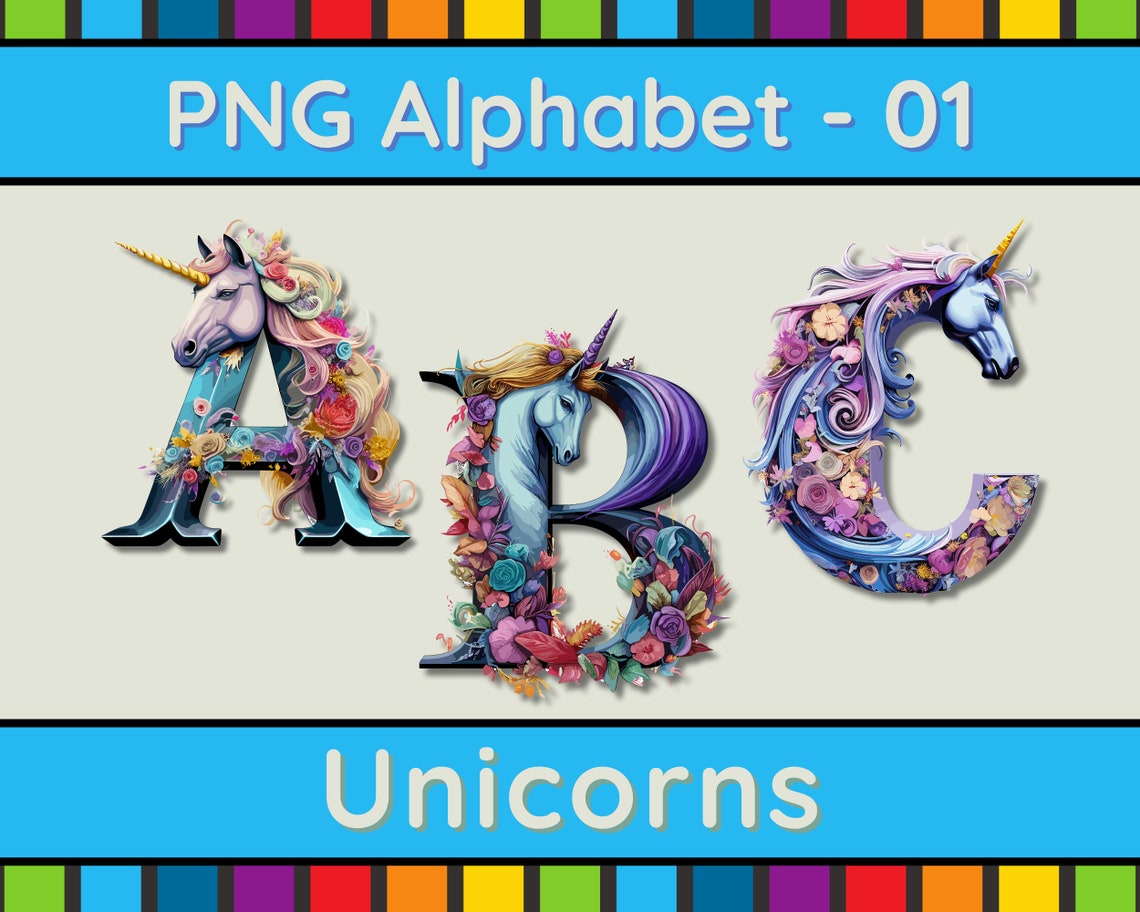 UNICORN Alphabet A to Z Clipart Uppercase Letters and Numbers 0 to 9 ...