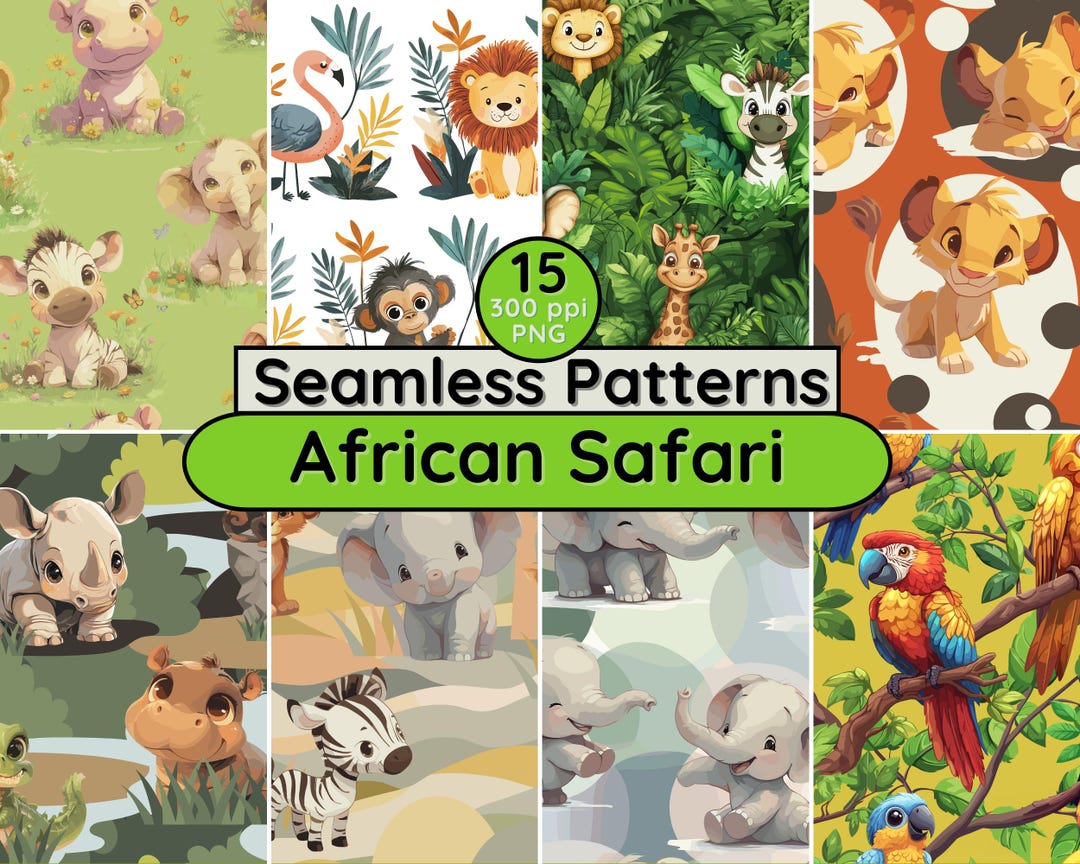 African Safari Seamless Patterns Cute Jungle Wildlife Animal Digital ...