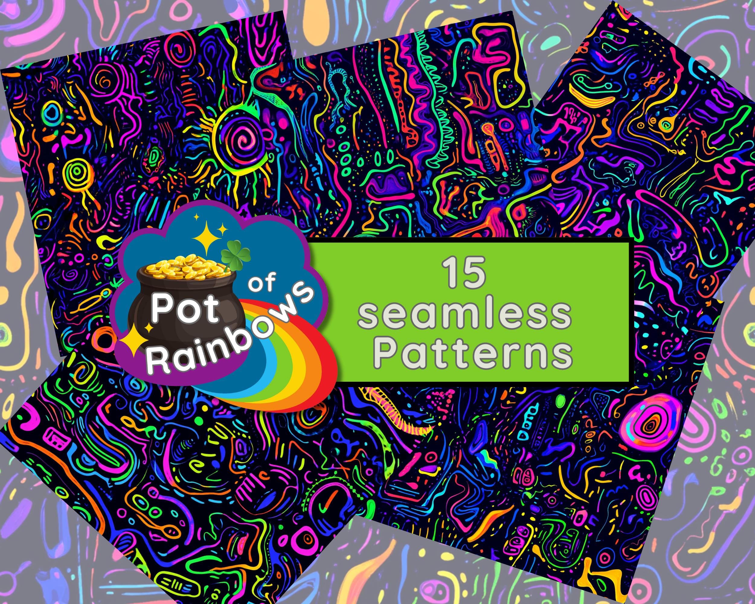 Doodle Glow Seamless Patterns: Psychedelic Neon Backgrounds (digital ...