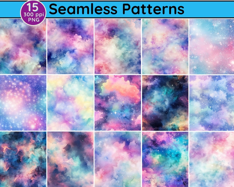 Starry Sky Seamless Patterns: Galaxy Nebula PNG Backgrounds (digital ...
