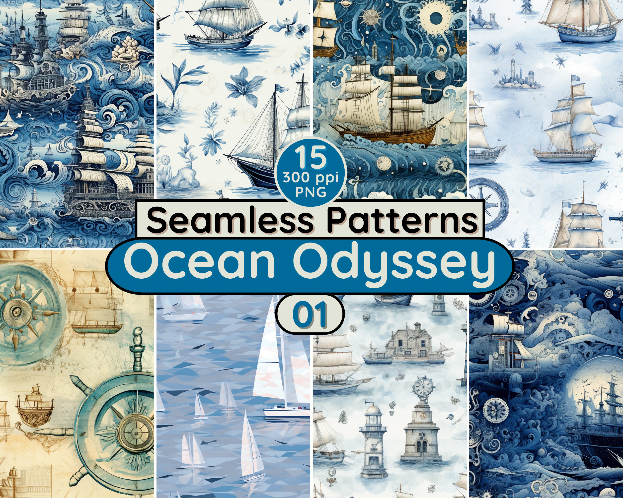 Seamless PNG Digital Patterns Ocean Odyssey Vintage Nautical Sea ...