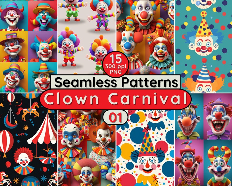 Clown Carnival Circus Seamless Patterns PNG Background Printable ...