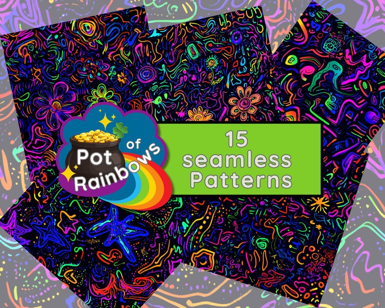 Doodle Glow Seamless Patterns: Psychedelic Neon Backgrounds (digital ...