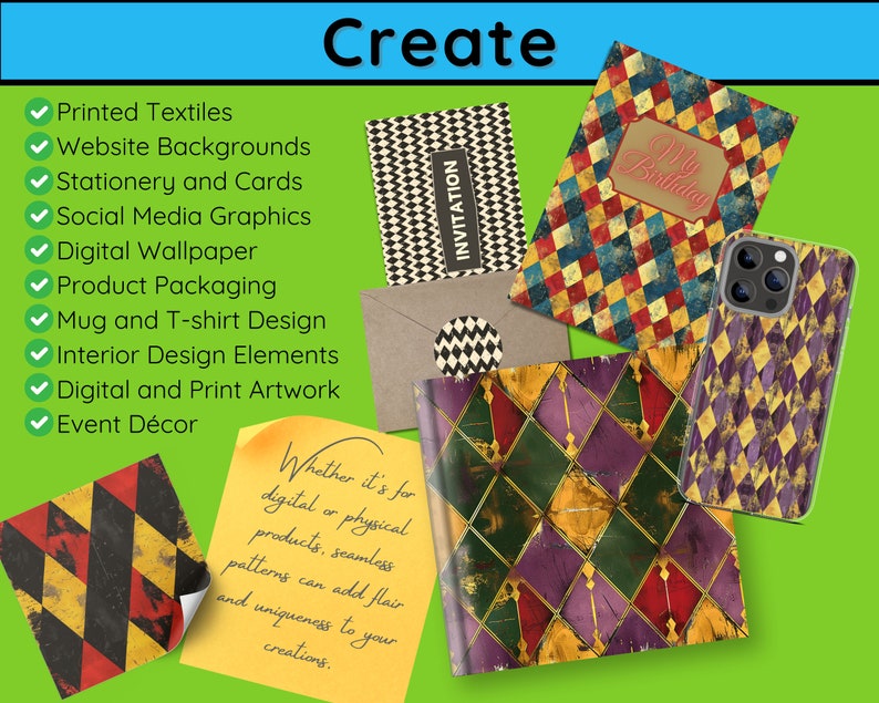 Vintage Carnival Harlequin Seamless Patterns: 15 PNG Backgrounds ...