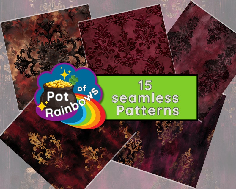Seamless Patterns Burgundy and Gold Digital Paper PNG Printable Instant ...