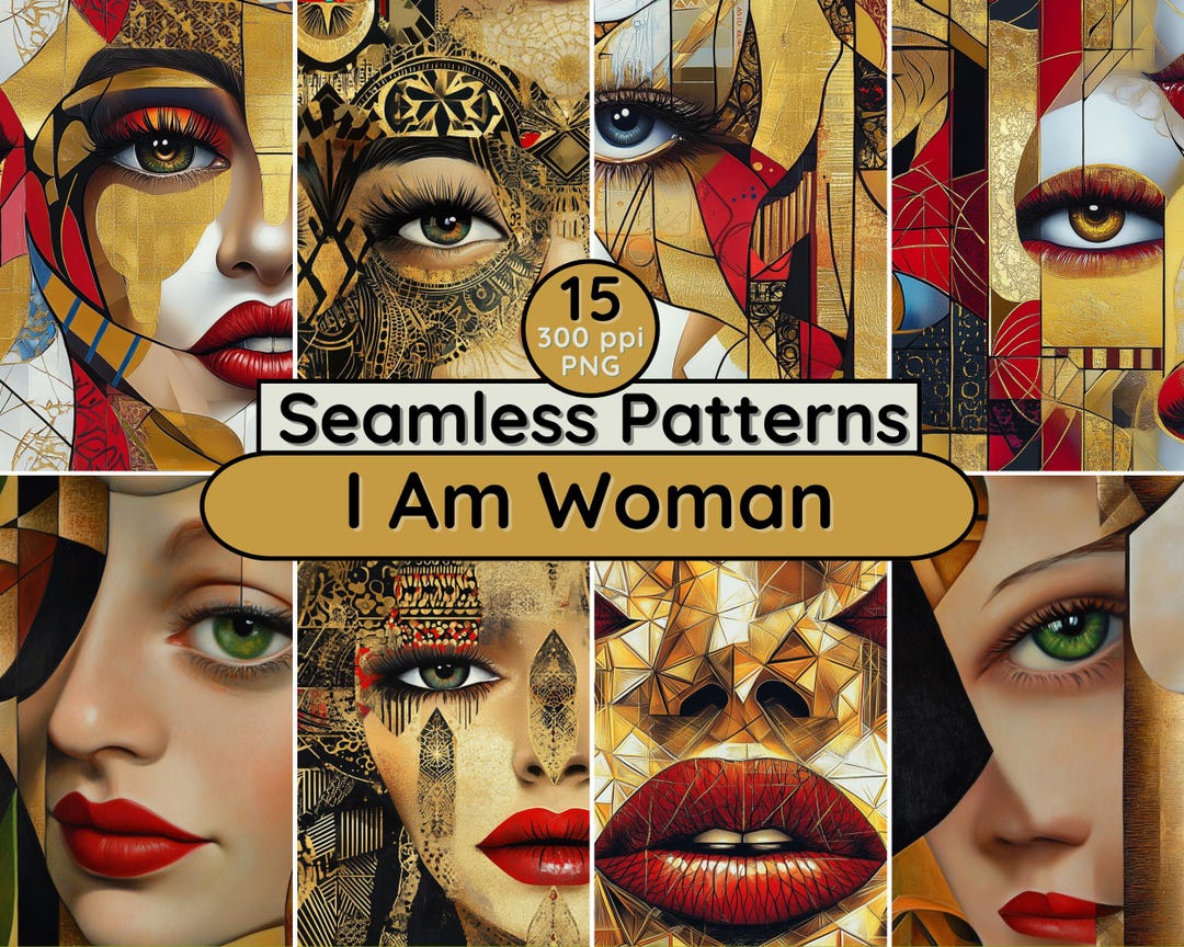 Art Deco Woman Portrait Seamless Patterns: Gold & Black (PNG Digital ...