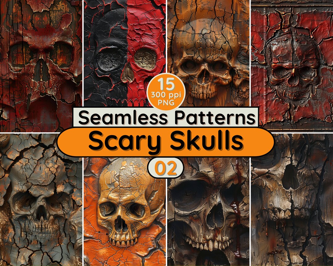 Scary Skulls Halloween Seamless Patterns: Haunting Backgrounds (PNG ...