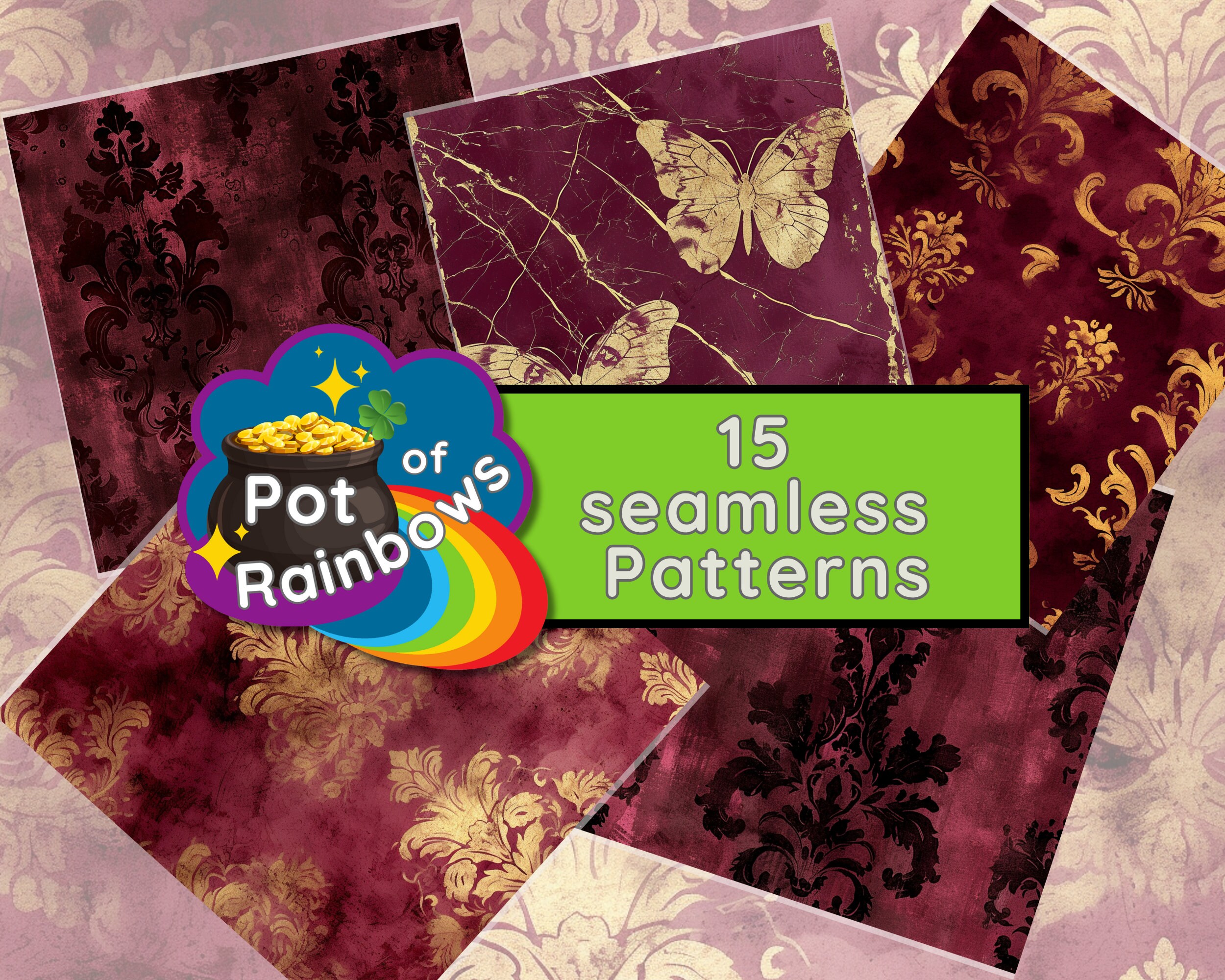 Seamless Patterns Burgundy and Gold Digital Paper PNG Printable Instant ...