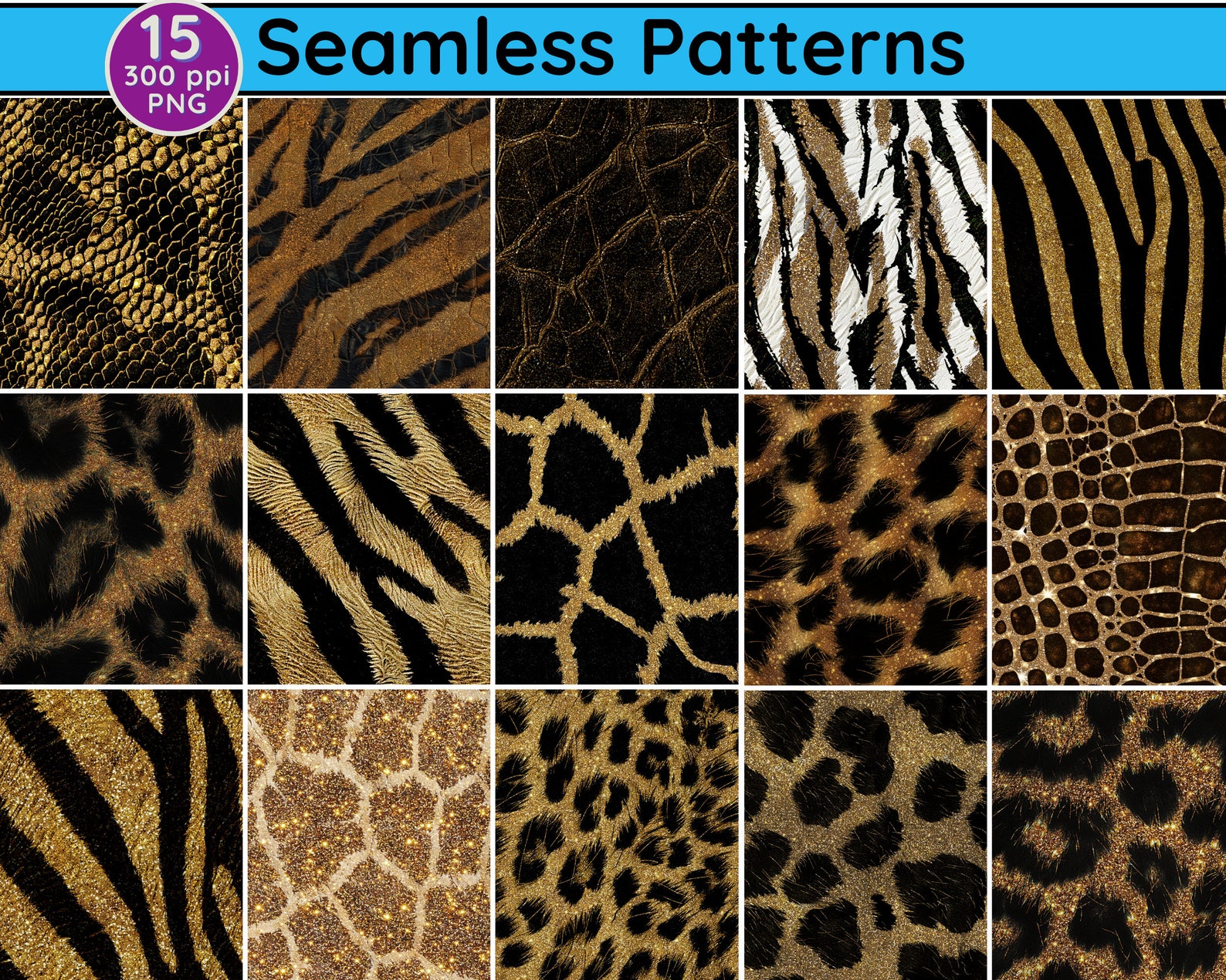 Animal Safari Seamless Patterns: Black and Gold Digital Paper (PNG) - Etsy