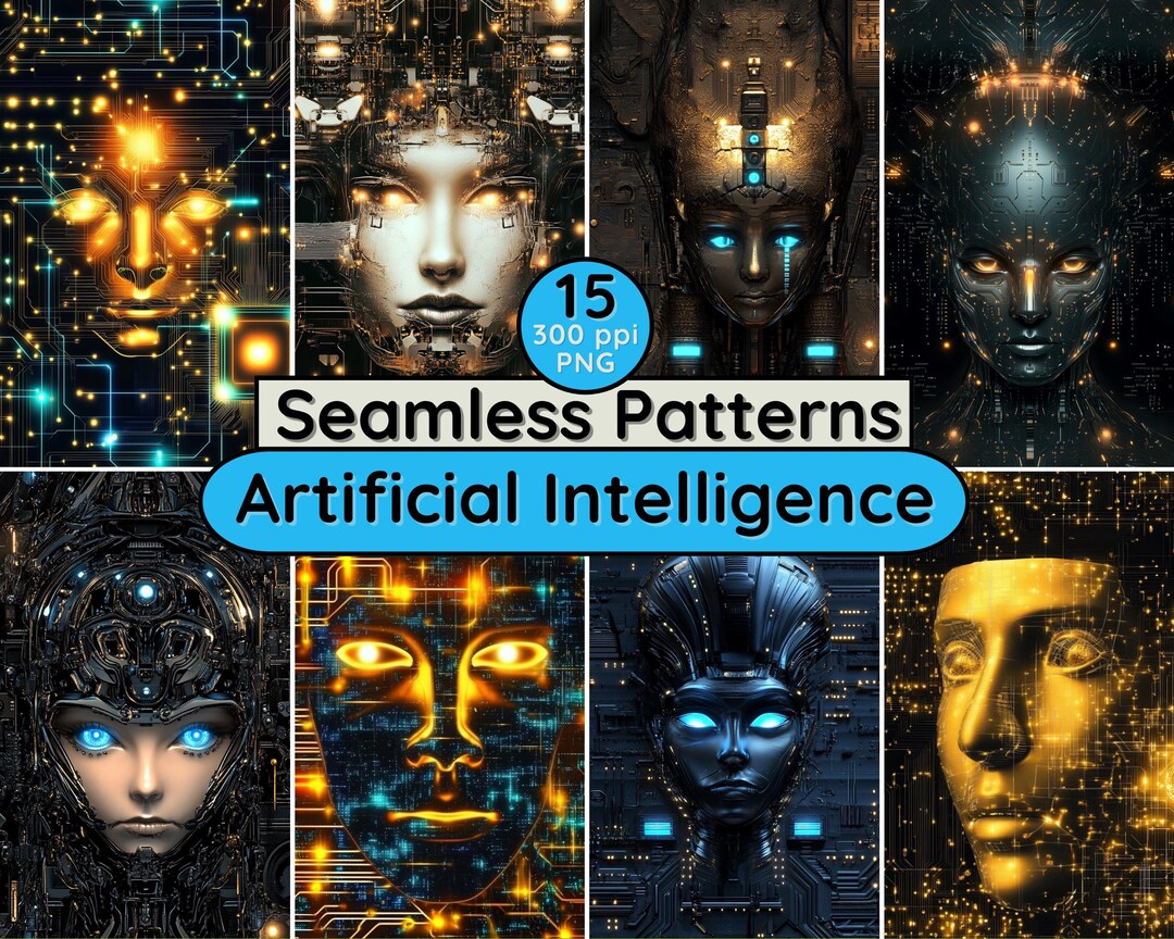 Artificial Intelligence AI Seamless Patterns Futuristic Robot Faces ...