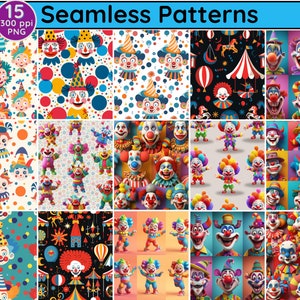 Clown Carnival Circus Seamless Patterns PNG Background Printable ...