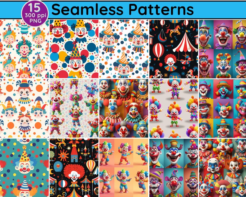 Clown Carnival Circus Seamless Patterns PNG Background Printable ...