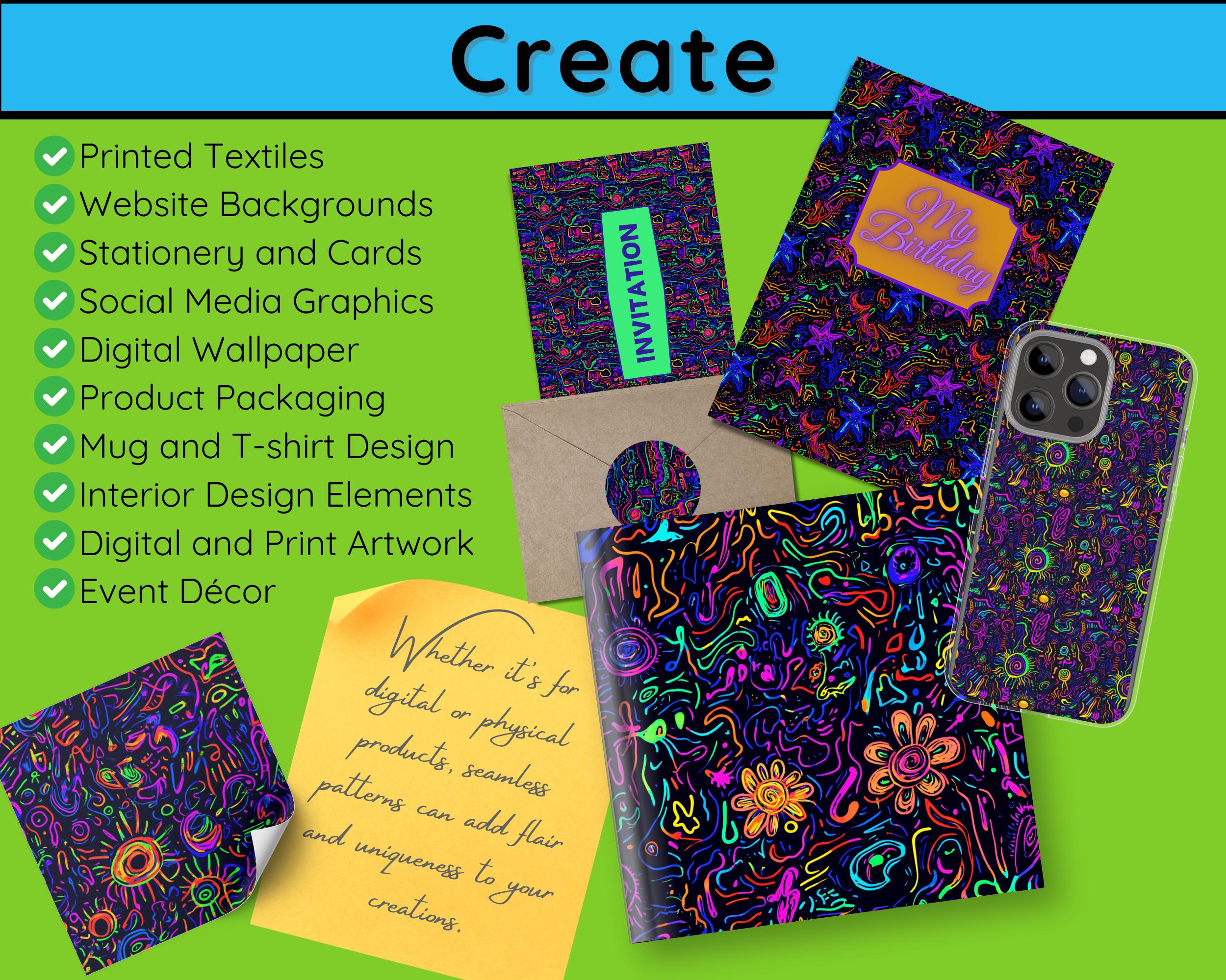 Doodle Glow Seamless Patterns: Psychedelic Neon Backgrounds (digital ...
