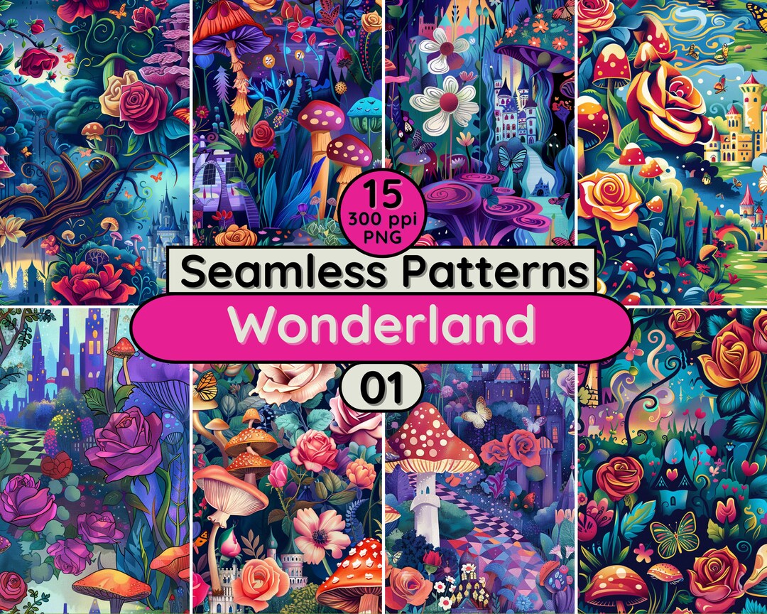 Alice in Wonderland Seamless Patterns: Floral Botanical PNG (digital ...