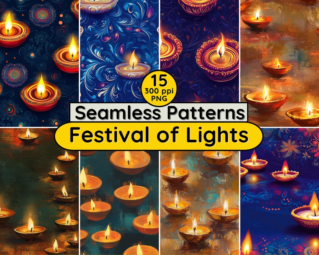 Diwali Diya Seamless Patterns: Indian Festival of Lights (PNG Digital ...
