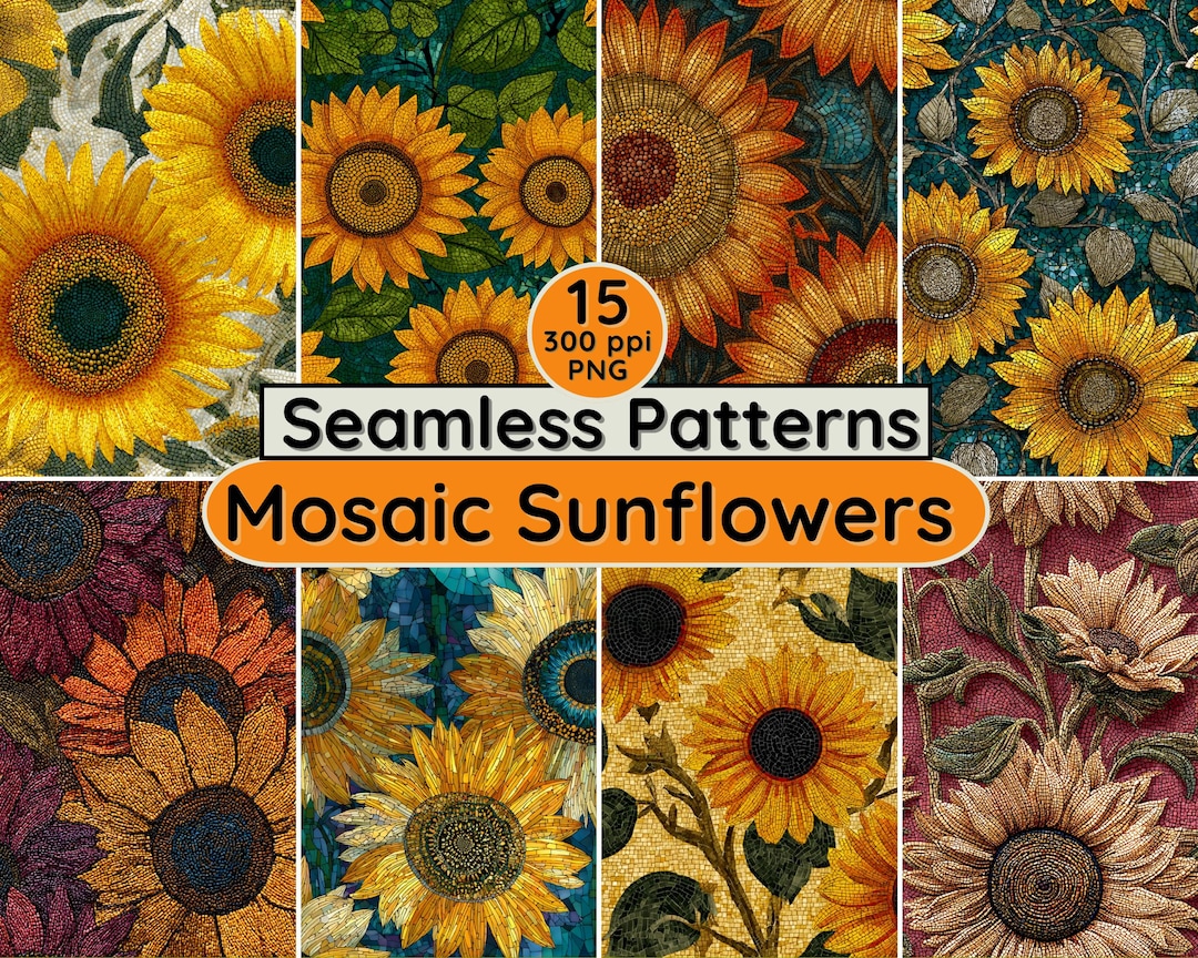 Mosaic Sunflowers Seamless Patterns: Artistic Floral Backgrounds (PNG ...