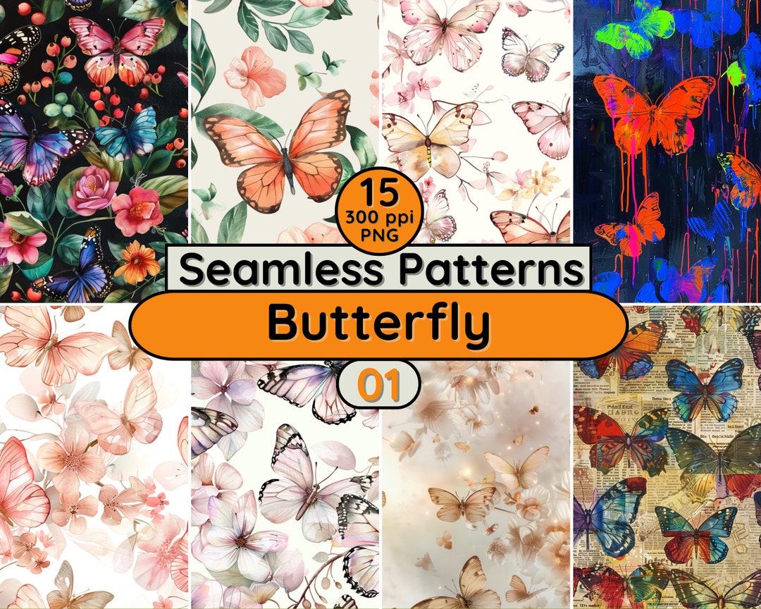 Butterfly Seamless Patterns: Scrapbook Paper, Fabric Print (PNG Digital ...