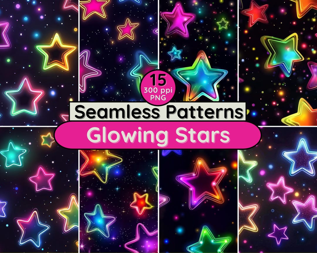 Neon Glowing Stars Seamless Pattern: Cosmic Digital Paper (PNG Download ...