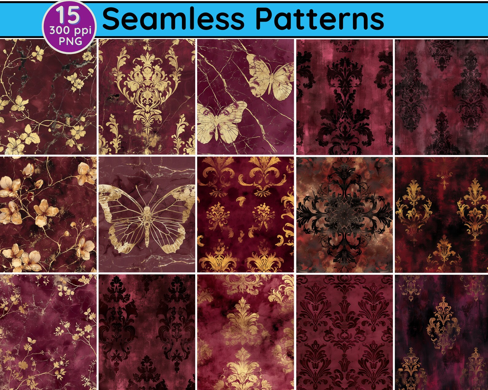 Seamless Patterns Burgundy and Gold Digital Paper PNG Printable Instant ...