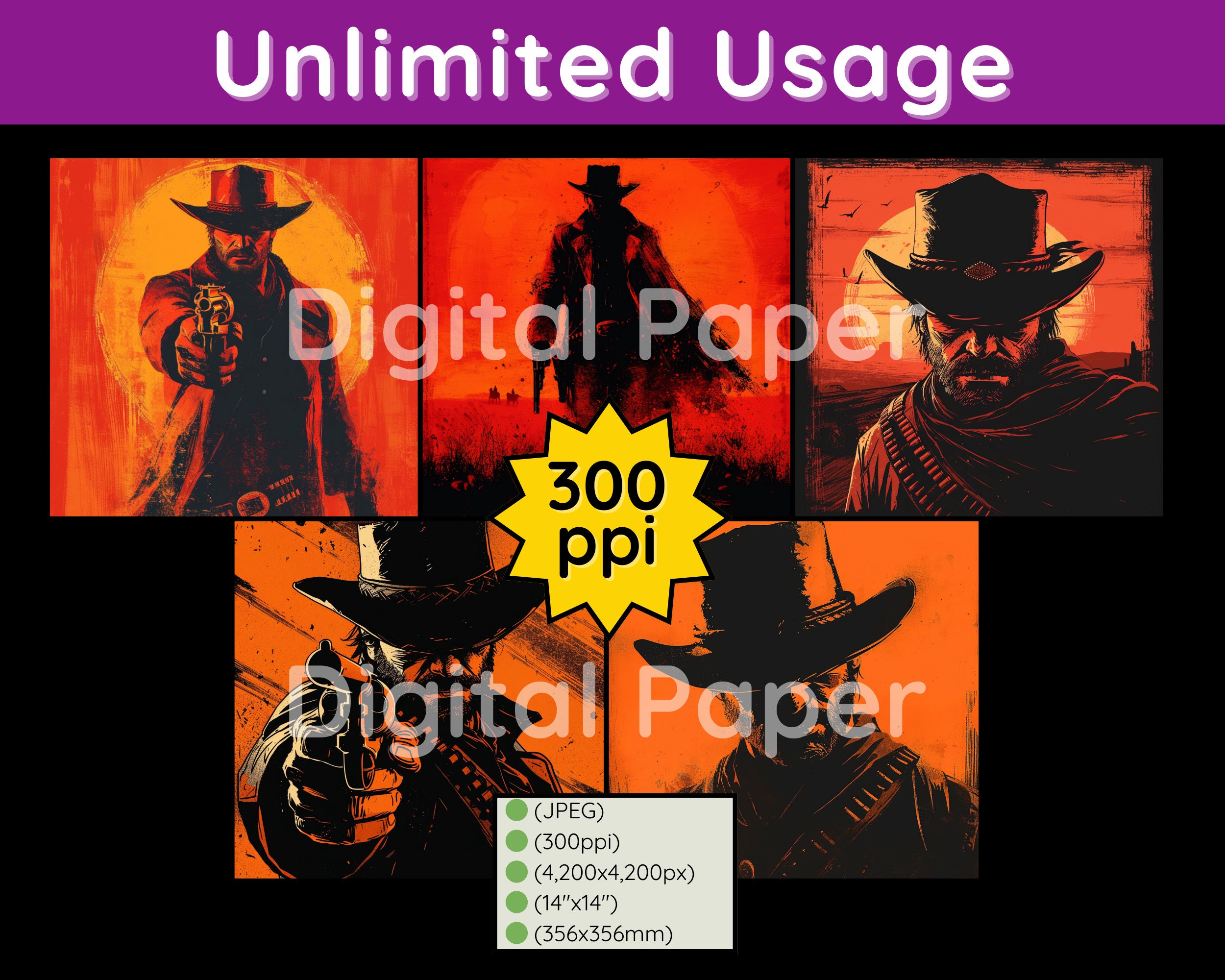 Digital Paper JPG Wild West Cowboy 300ppi Scrapbook Junk Journal Pages ...