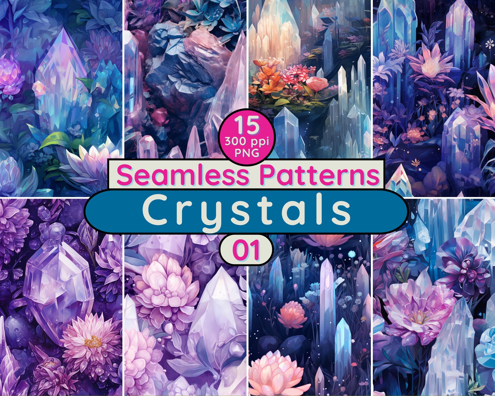 Seamless PNG Digital Patterns Fantasy Purple Crystals Background ...