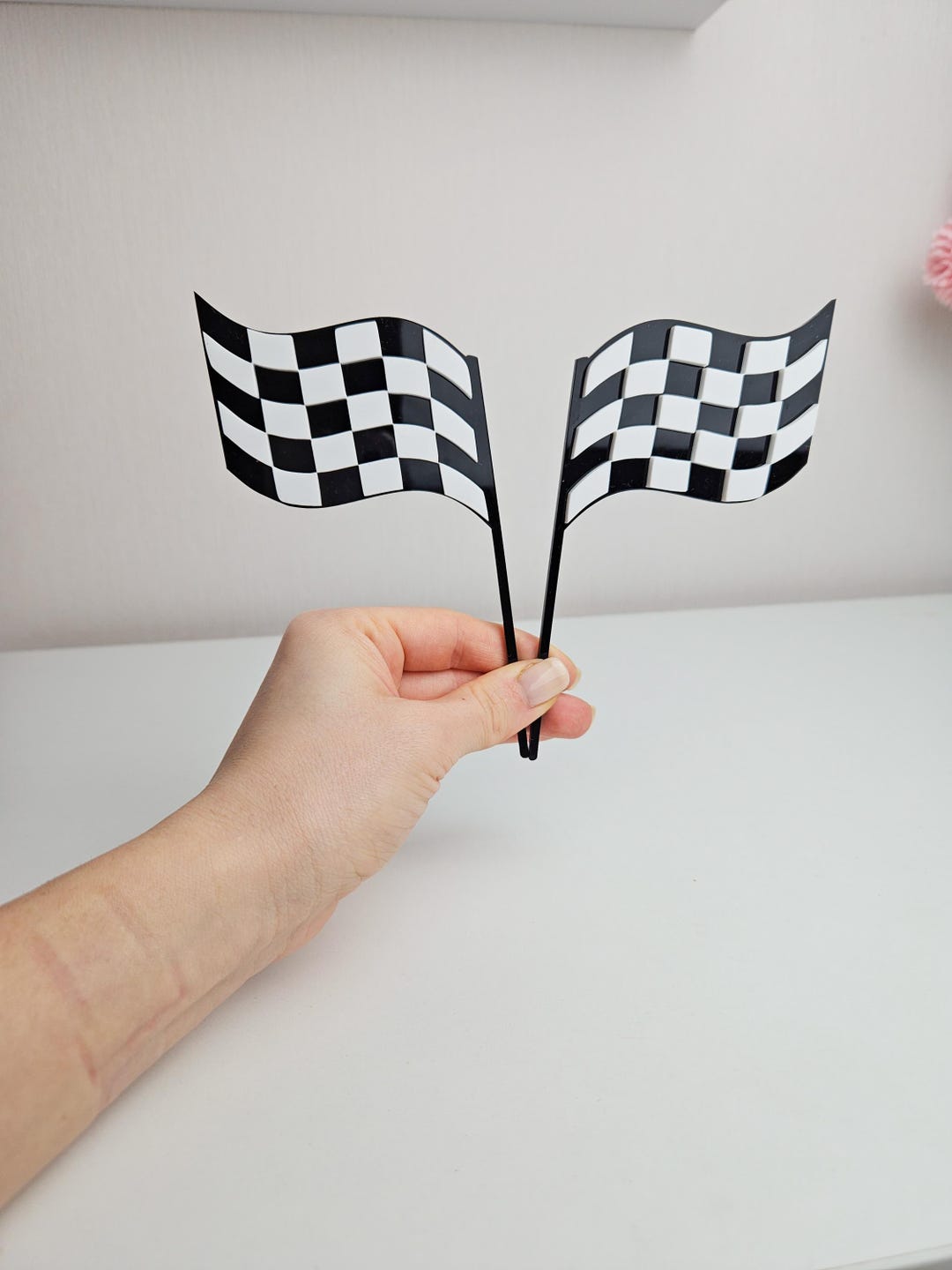 Racing Flags Cake Topper: Black & White Acrylic Car Theme - Etsy