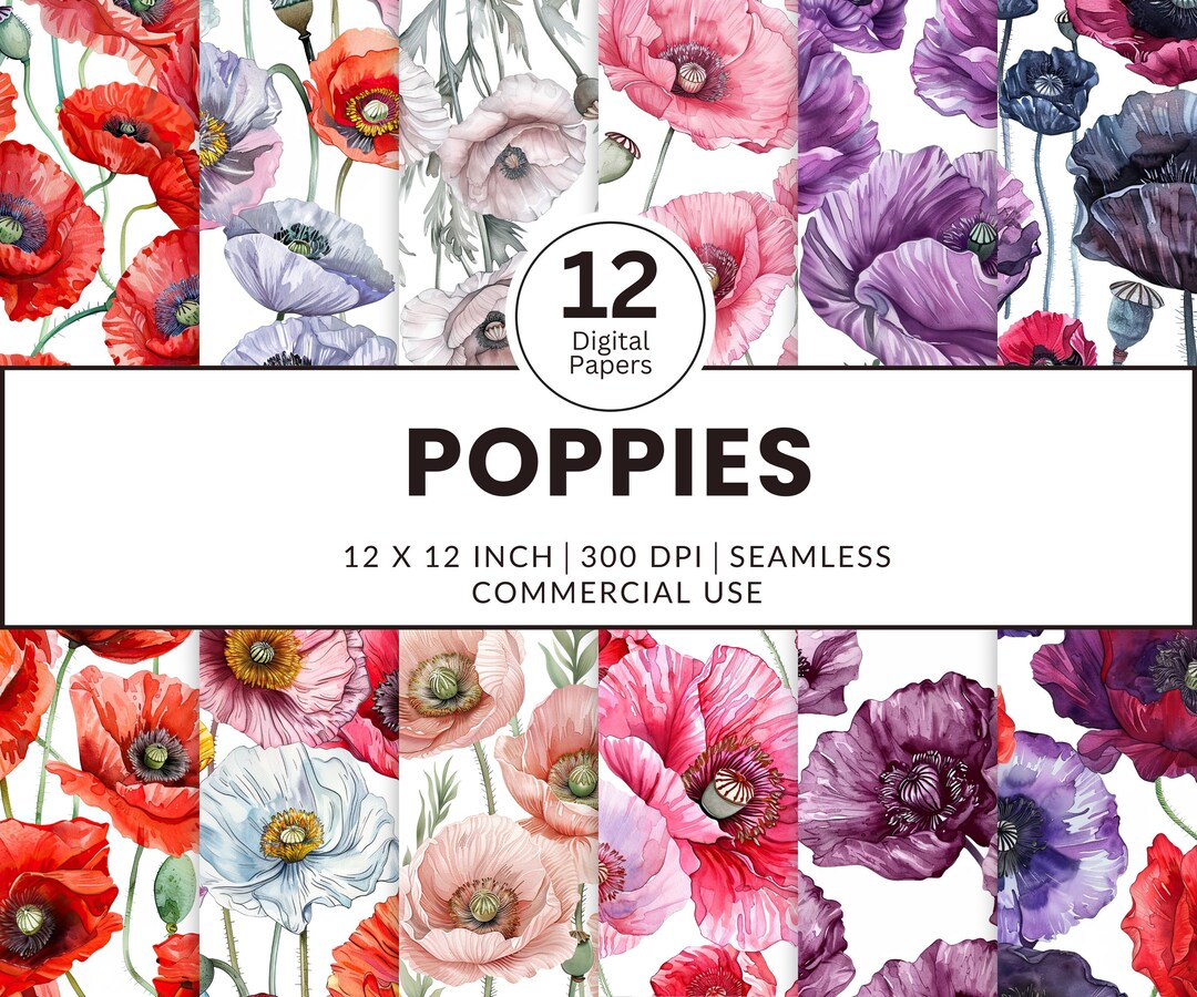 12 Poppies Digital Papers, Seamless Patterns, 12x12, Watercolor Images ...