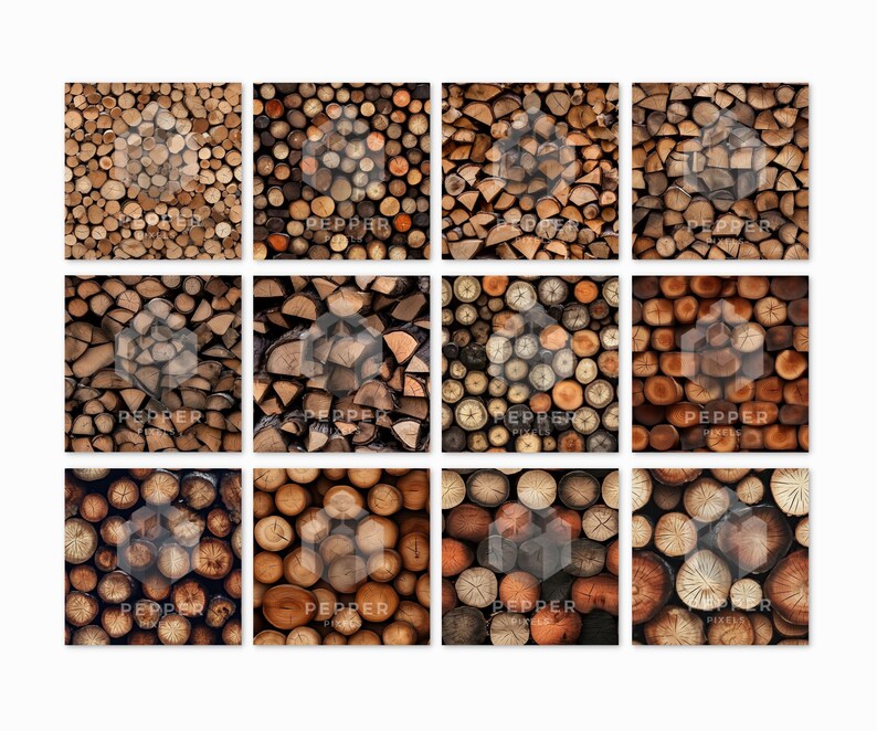 12 Log Piles Digital Papers, Seamless Patterns, 12x12, Realistic 3D ...