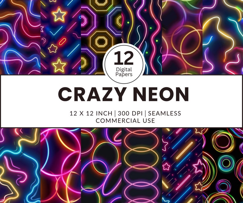 12 Crazy Neon Digital Papers, Seamless Patterns, 12x12, Fun Random ...