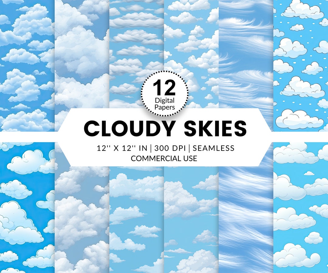 12 Cloudy Skies Digital Papers, Seamless Patterns, 12x12, Images of Blue Skies With Clouds ...