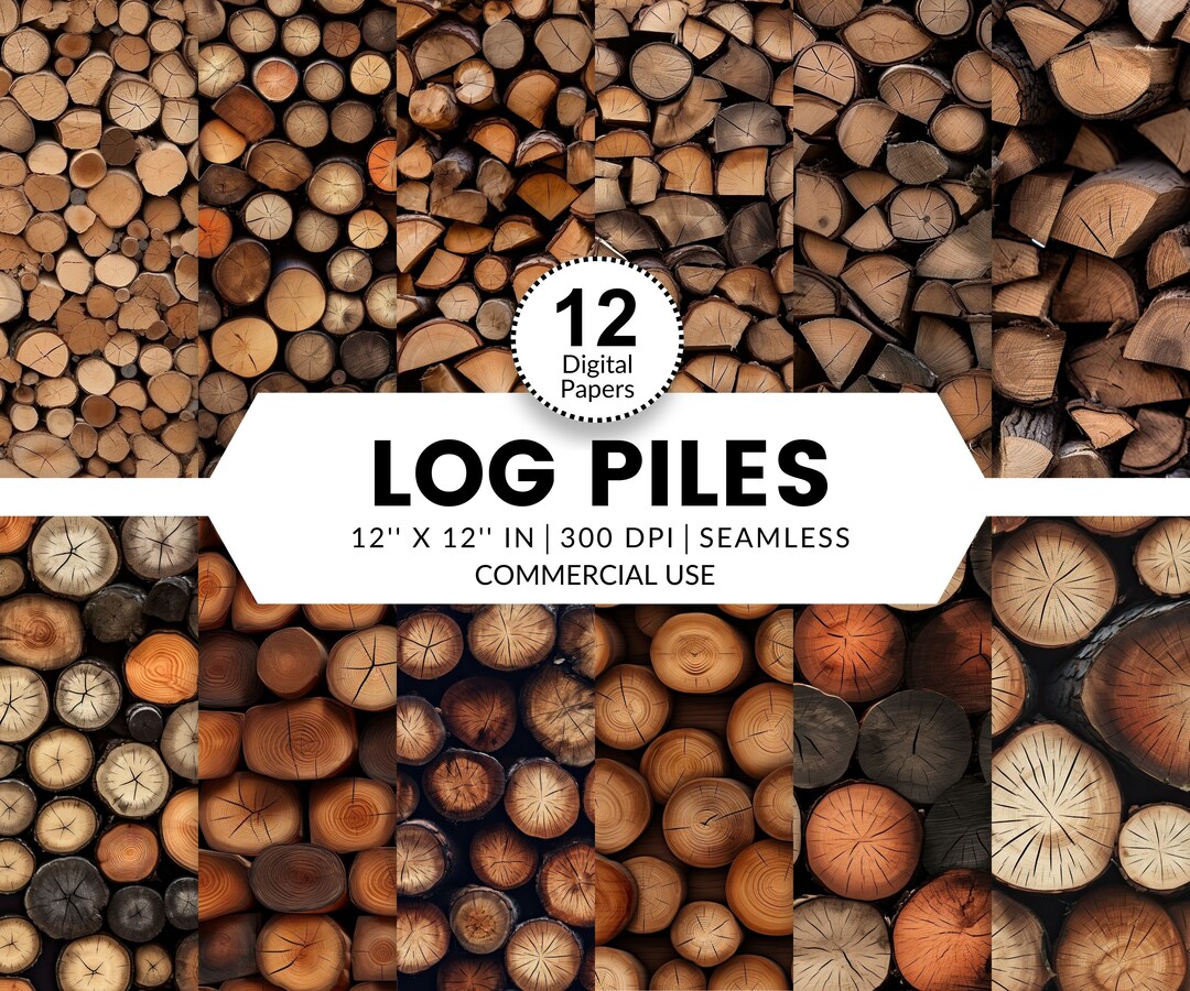 12 Log Piles Digital Papers, Seamless Patterns, 12x12, Realistic 3D ...