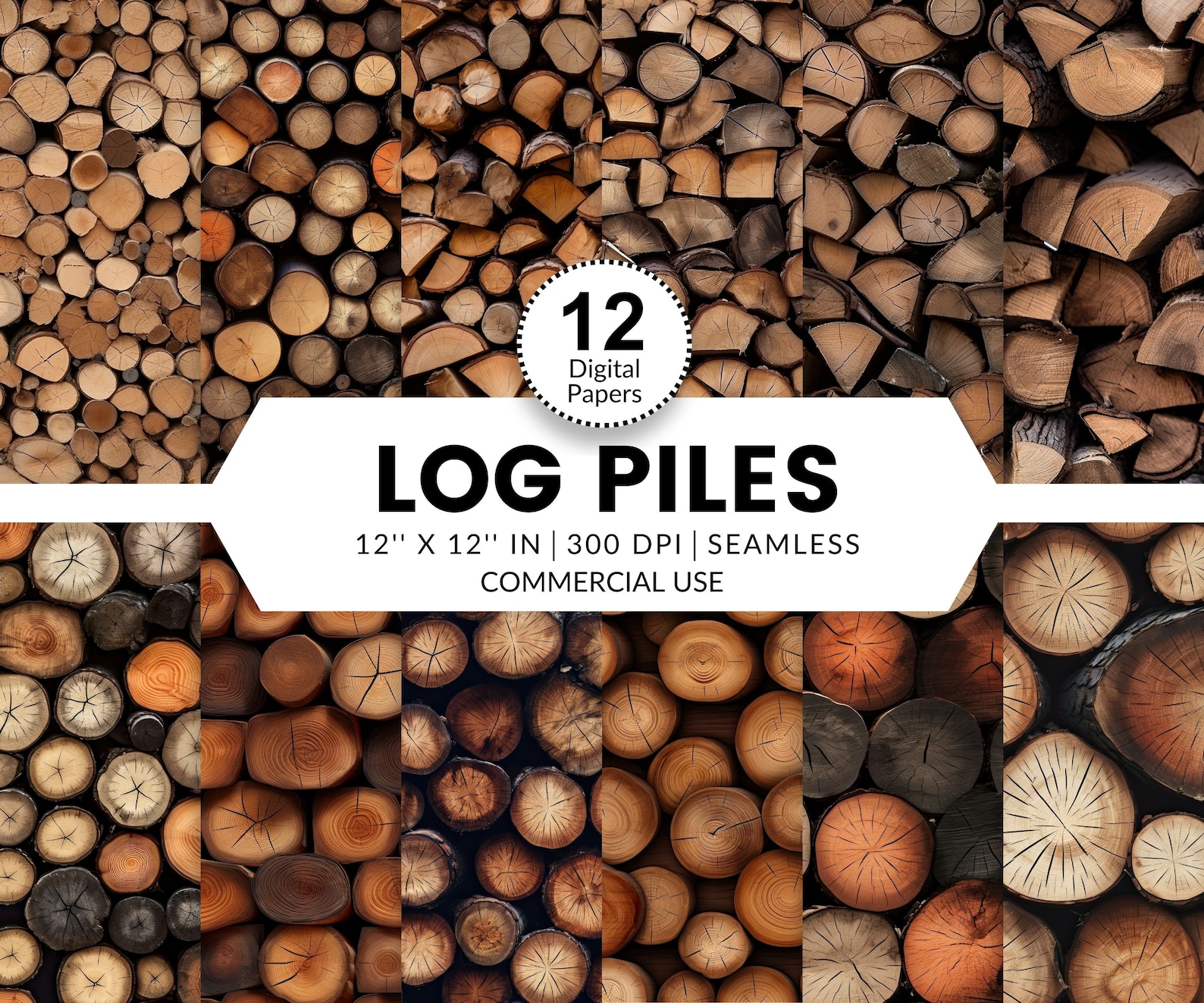 12 Log Piles Digital Papers, Seamless Patterns, 12x12, Realistic 3D ...