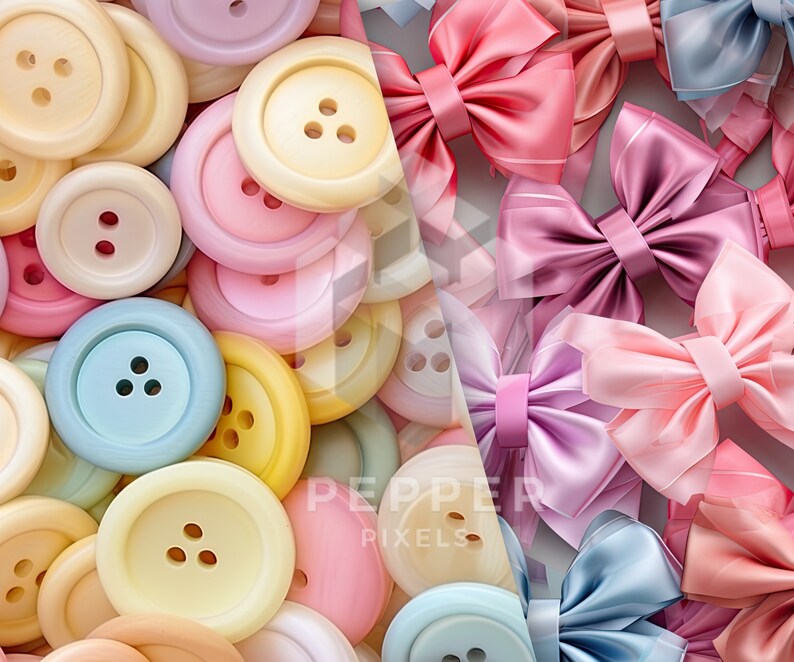 12 Buttons & Bows Digital Papers, Seamless Patterns, 12x12, Realistic ...