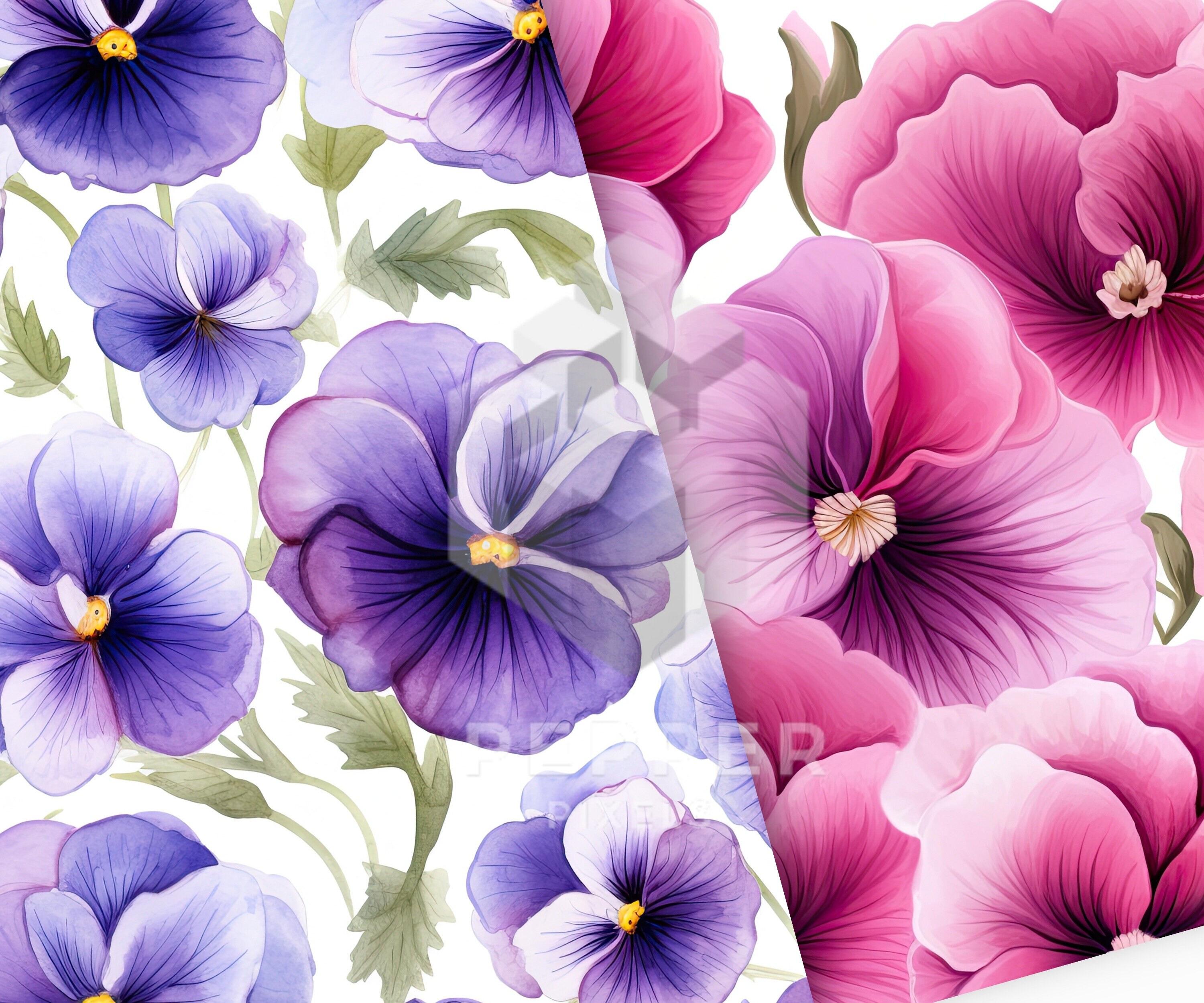 12 Pansy Blooms Digital Papers, Seamless Patterns, 12x12, Watercolor ...