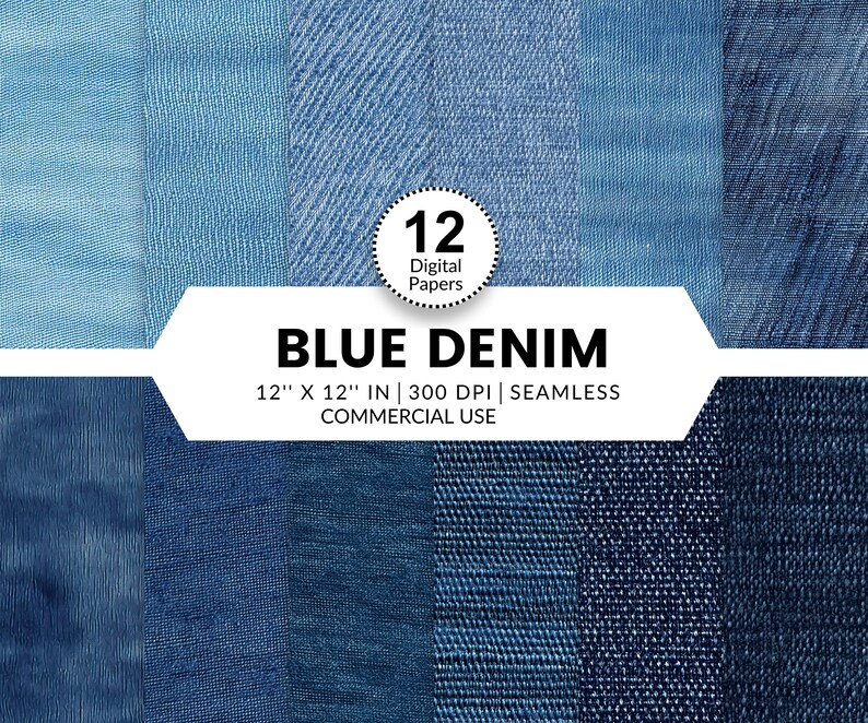 12 Blue Denim Digital Papers, Seamless Patterns, 12x12, Realistic Detailed Flat Fabric Textures ...