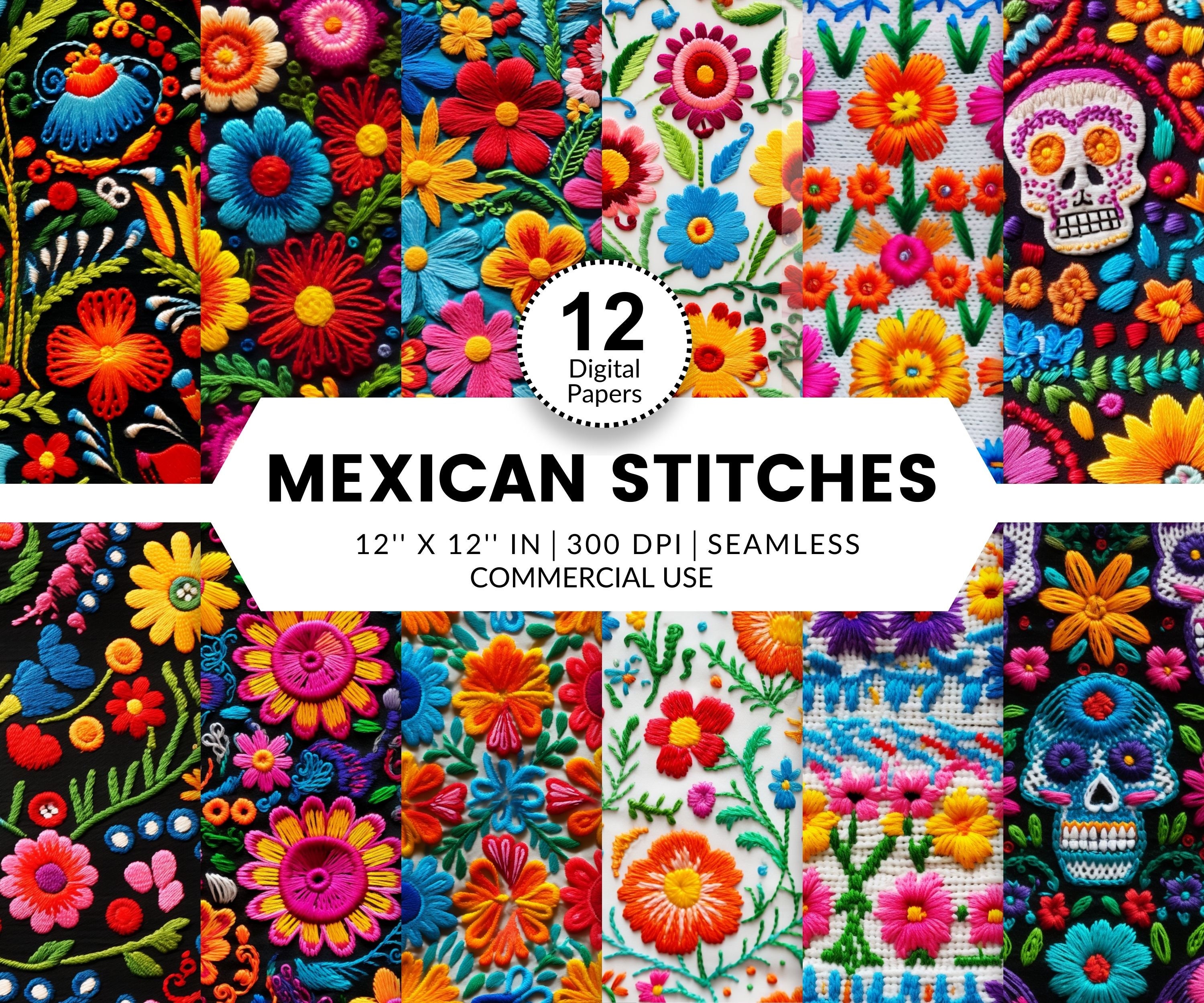 12 Mexican Stitches Digital Papers, Seamless Patterns, 12x12, Realistic ...